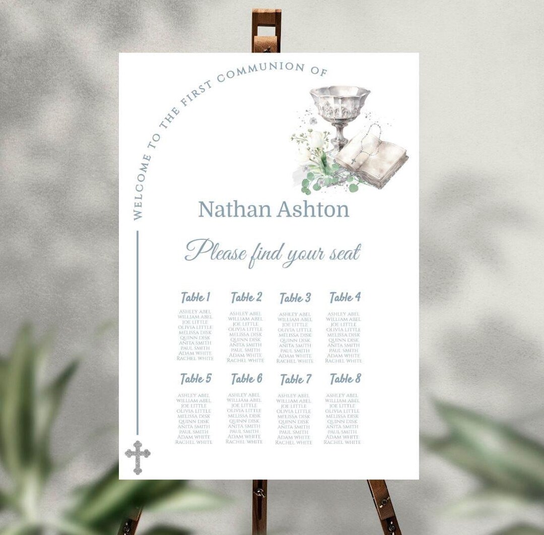 Dusty Blue First Communion Seating Chart, Seating Chart, Baptism ...