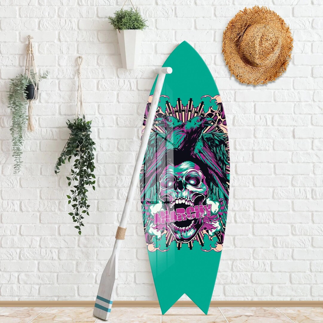 Terrifying Skull Glass Art, Anarchy Surfboard Wall Decor, Dark Skull ...