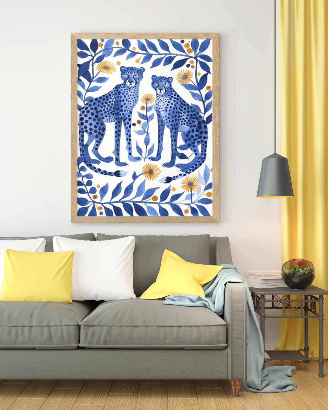 Blue Cheetah Art, Cheetah Digital Print, Botanical Cheetah Pattern ...