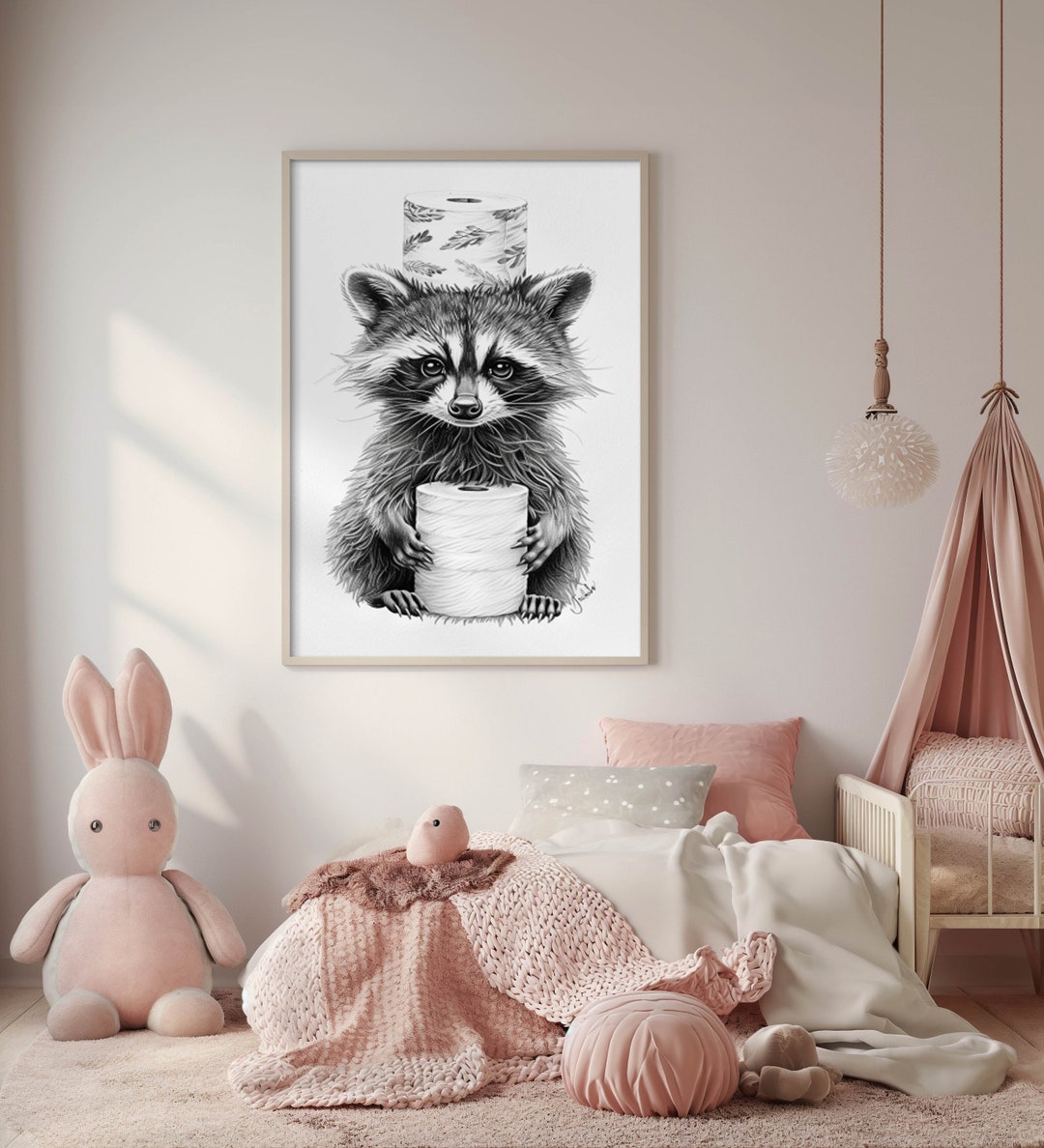 Cute Raccoon Art, Raccoon Boho Print, Raccoon Bathroom Decor, Raccoon ...