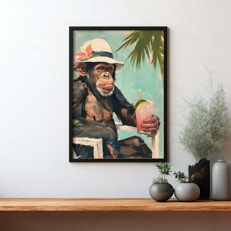 Boho Monkey Art, Monkey Cocktail Print, Monkey Bar Art, Monkey Vintage ...