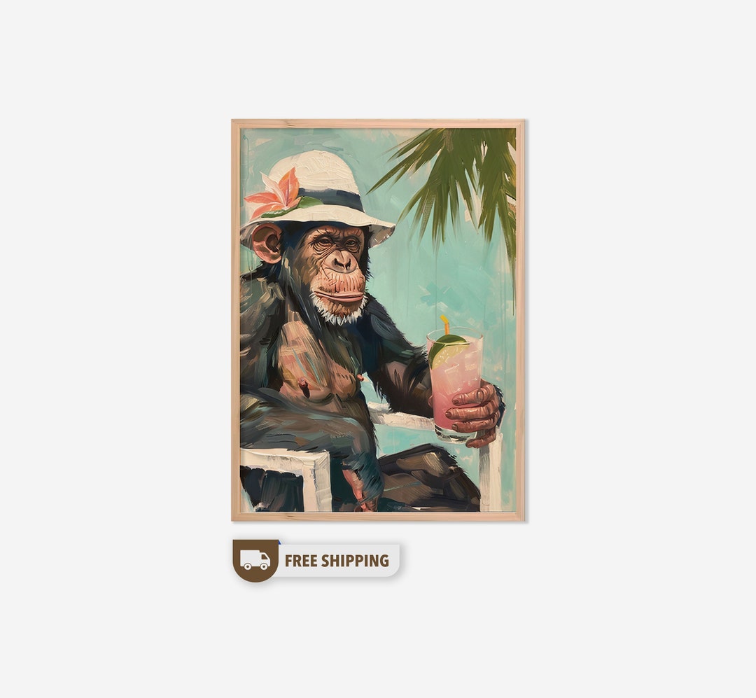 Boho Monkey Art, Monkey Cocktail Print, Monkey Bar Art, Monkey Vintage ...
