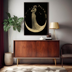 Vintage Moon Women, Lunar Lady Poster, Lunar Portrait Print, Moon ...