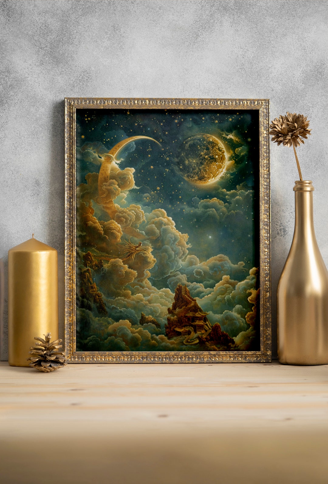 Moon Dark Portrait, Golden Moon Print, Moon Wall Decor, Moon Maximalist ...
