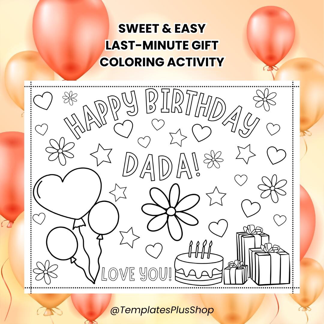 Happy Birthday Dada Coloring Page: Kids Activity Card for Celebration ...