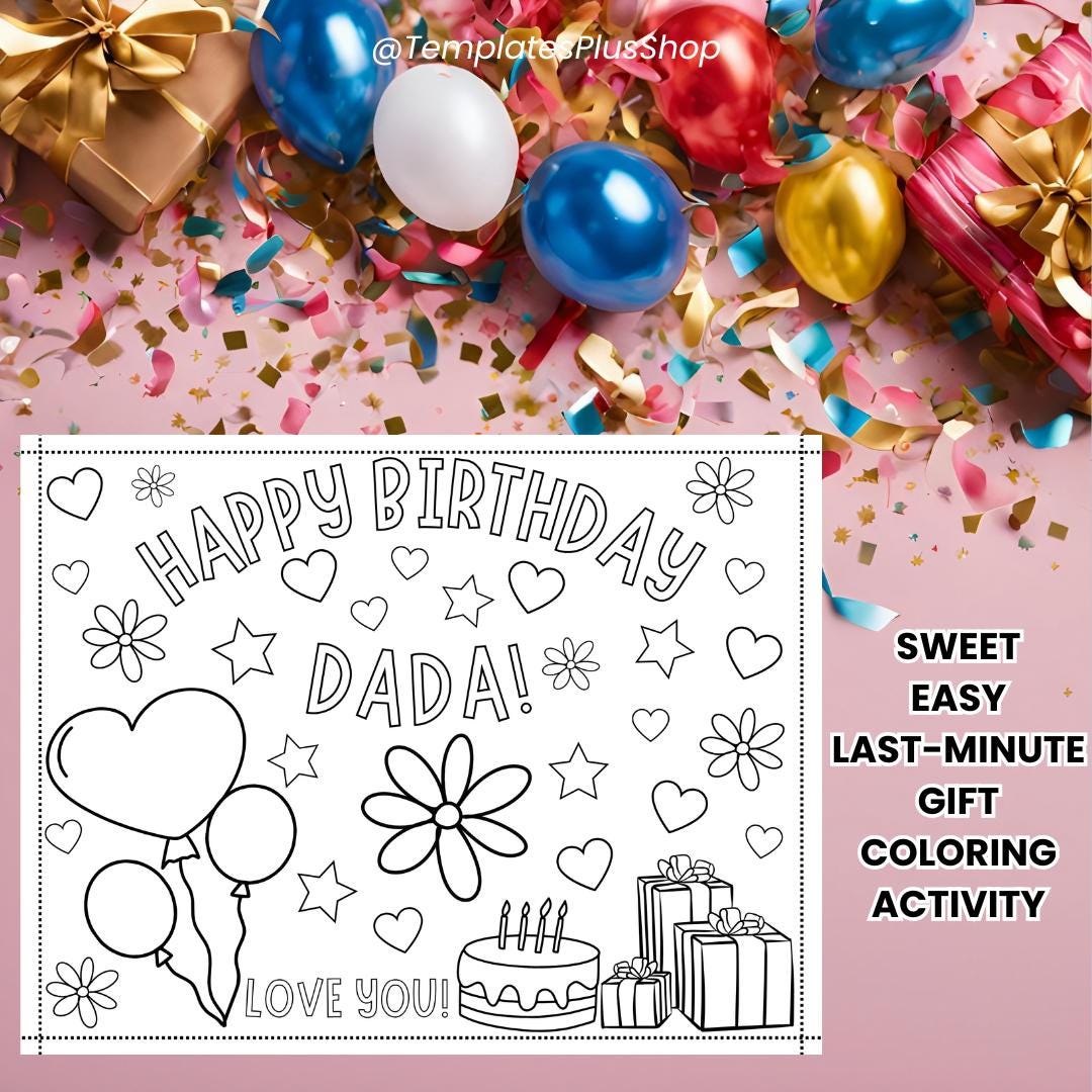 Happy Birthday Dada Coloring Page: Kids Activity Card for Celebration ...
