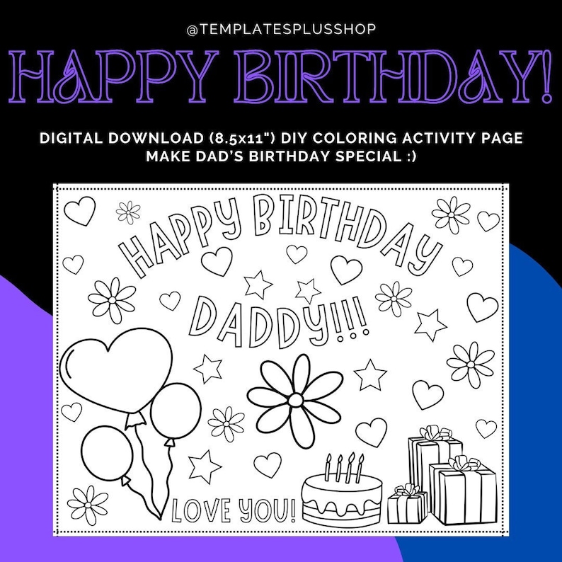 Happy Birthday Daddy Coloring Card: Printable Kids Activity for Dad's ...