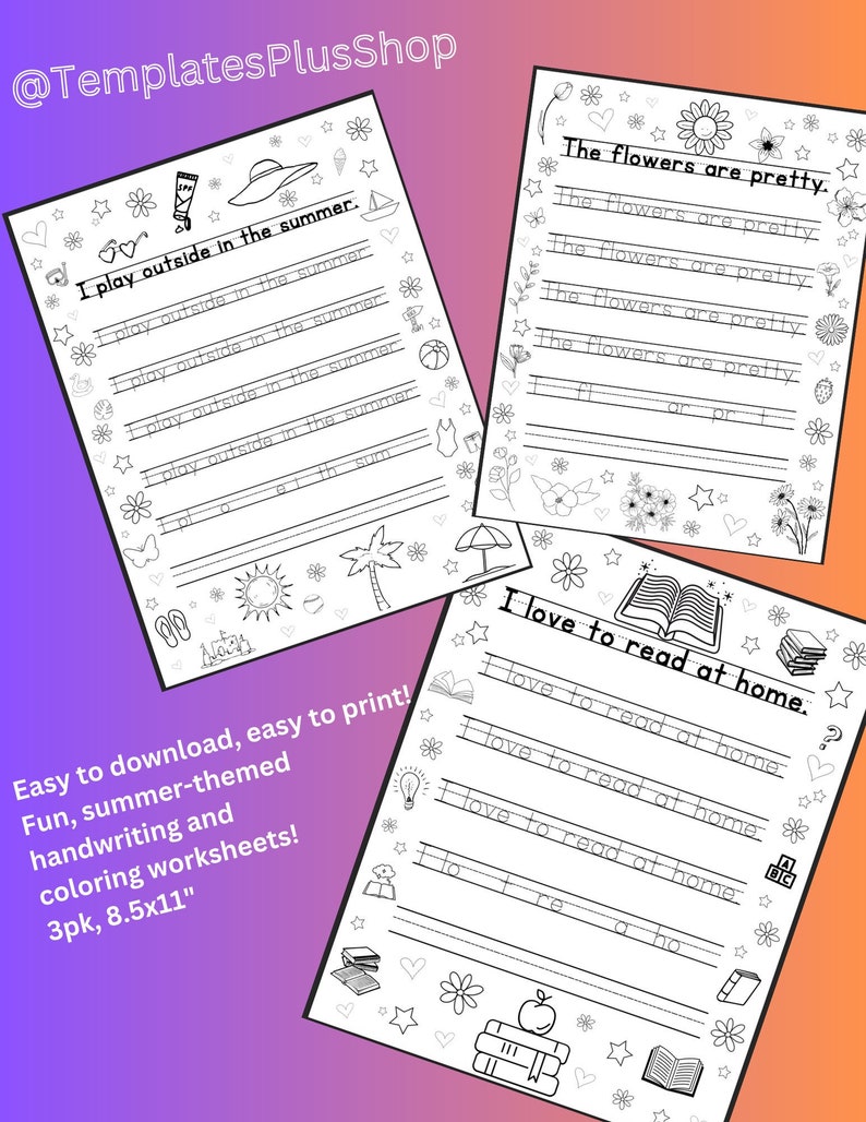 Summer Coloring and Handwriting Practice Sheets Bundle: Flowers ...