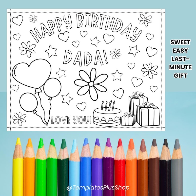 Happy Birthday Dada Coloring Page: Kids Activity Card for Celebration ...