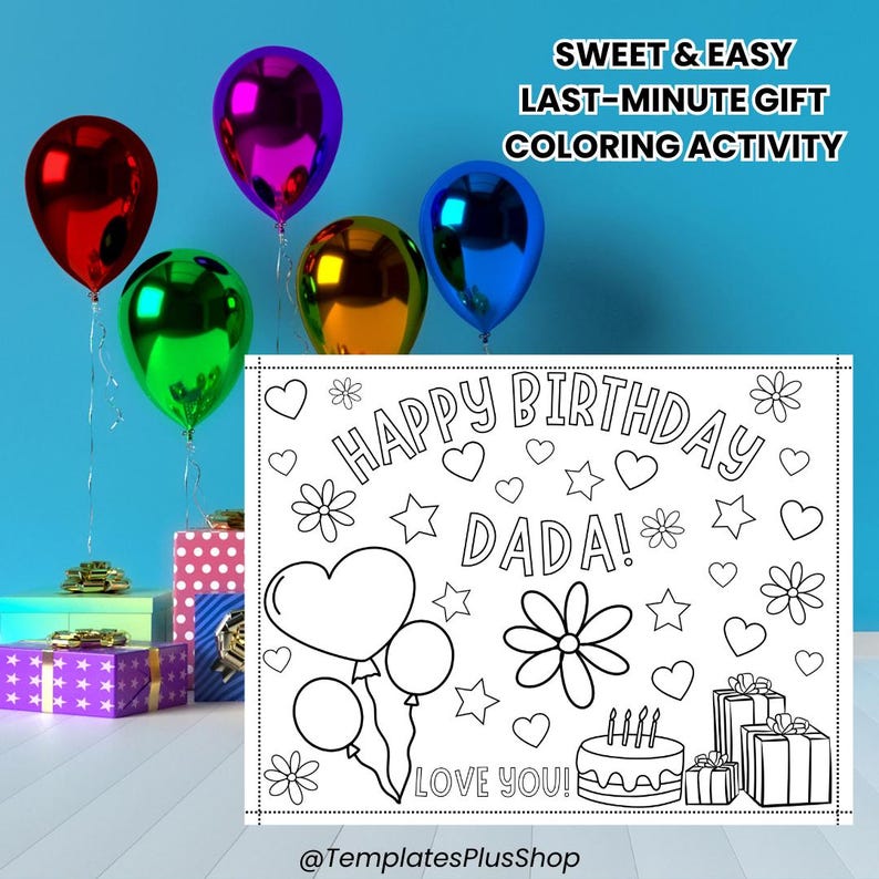 Happy Birthday Dada Coloring Page: Kids Activity Card for Celebration ...