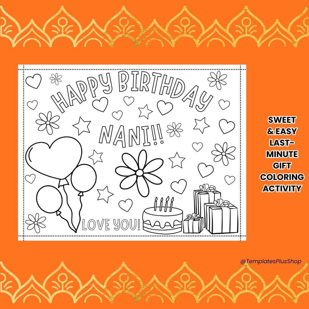 Happy Birthday Nani Coloring Card: Printable Kids Activity for Grandma ...