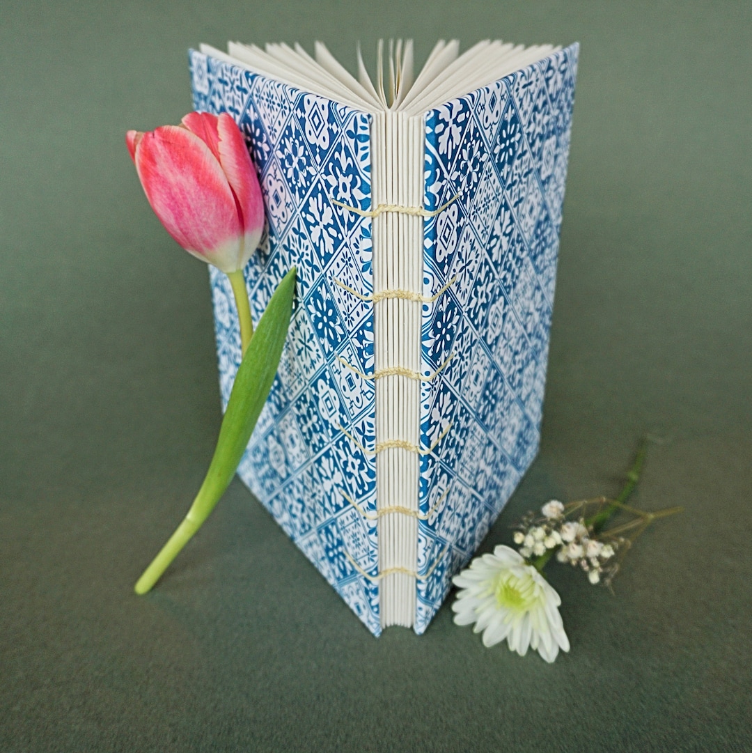 Mini Cozy Writing Journal Blue and White Floral Mosaic Lay Flat No ...