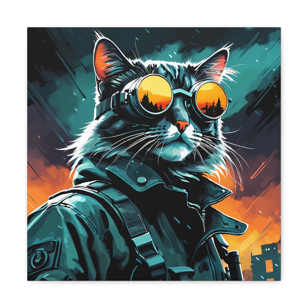 Cool Cat in Sunset Shades Canvas Art - Chic Feline Adventurer, Urban ...