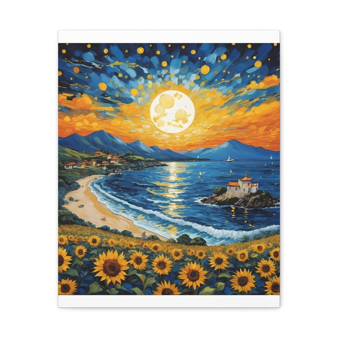 Van Gogh Inspired Sunflower Sunset Canvas - Starry Night Over Coastal ...