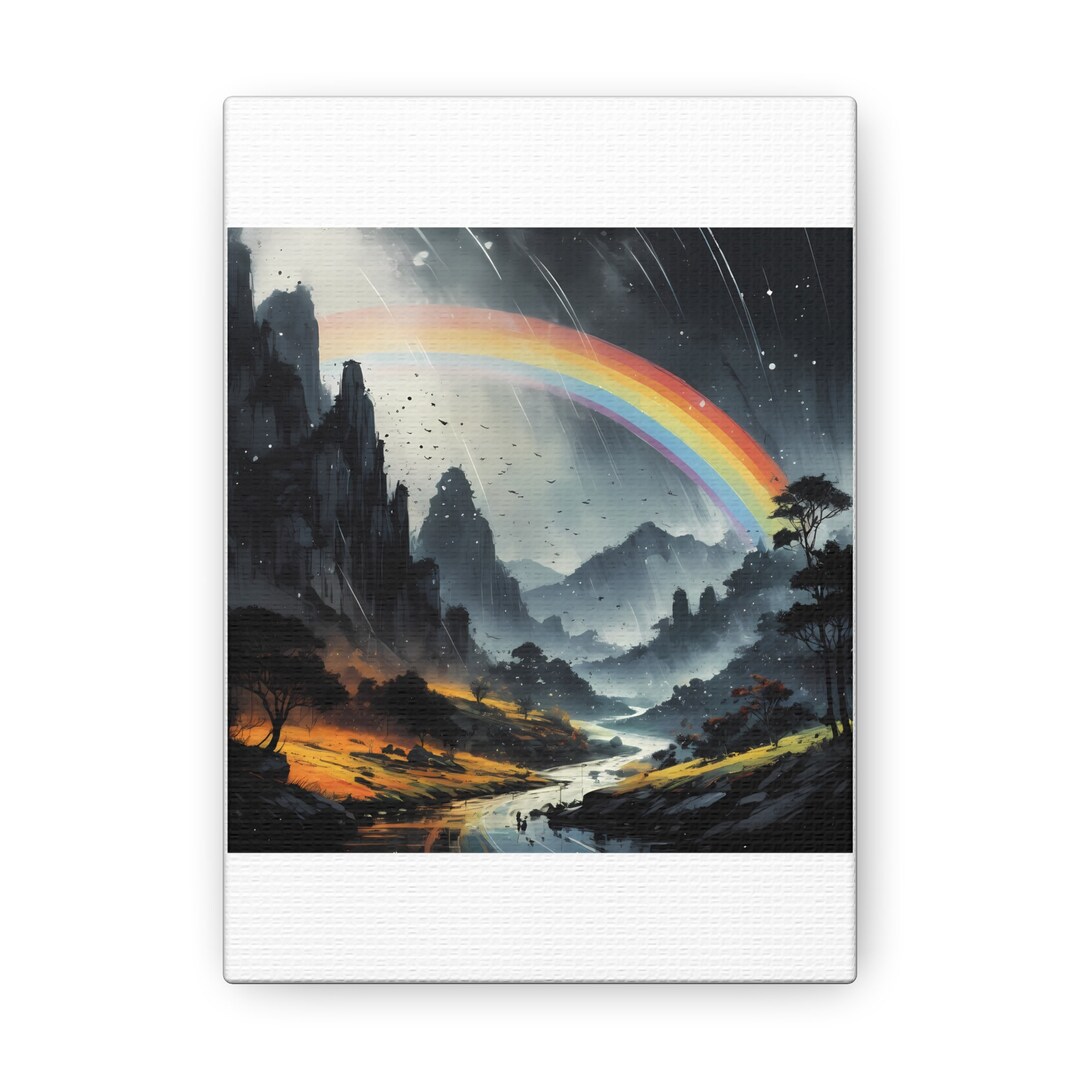 Rainbow and Meteor Shower Canvas Art - Dynamic Mountain Landscape ...