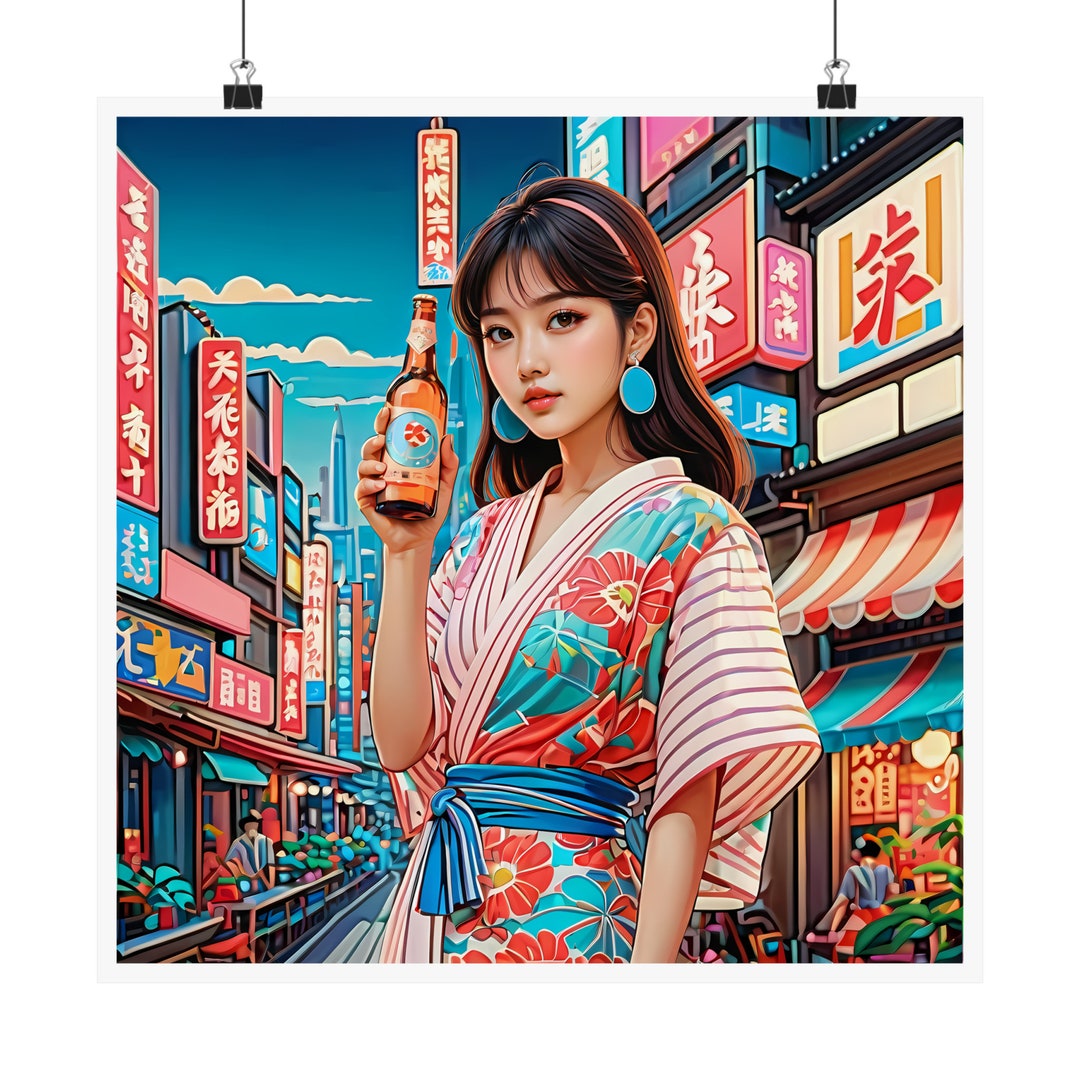 Vintage 80s City Pop Japanese Beer Girl Poster - Retro Japan Anime ...