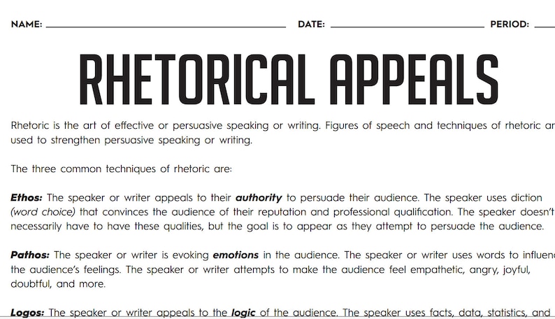 Rhetorical Appeals Worksheet - Etsy