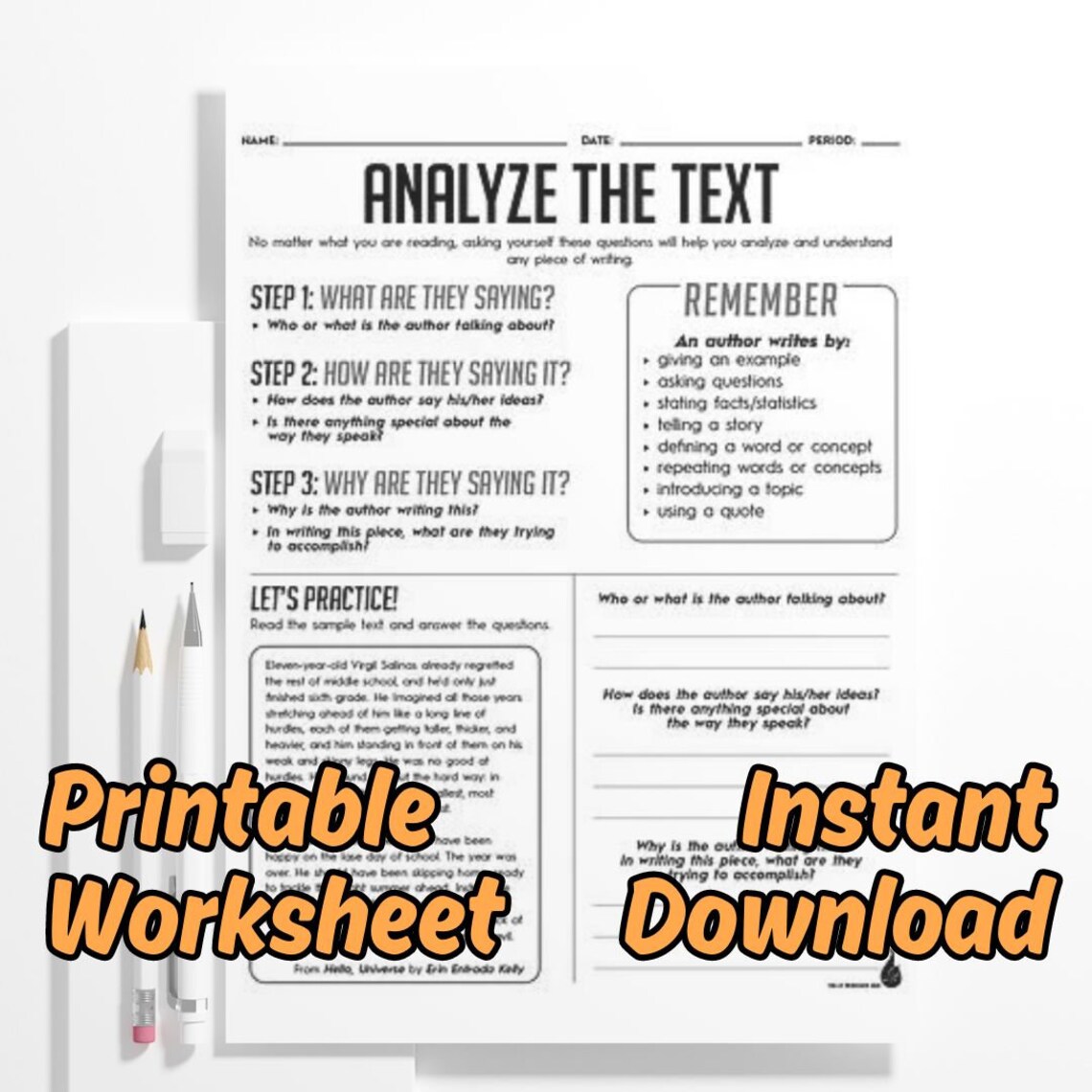Text Analysis Worksheet - Etsy