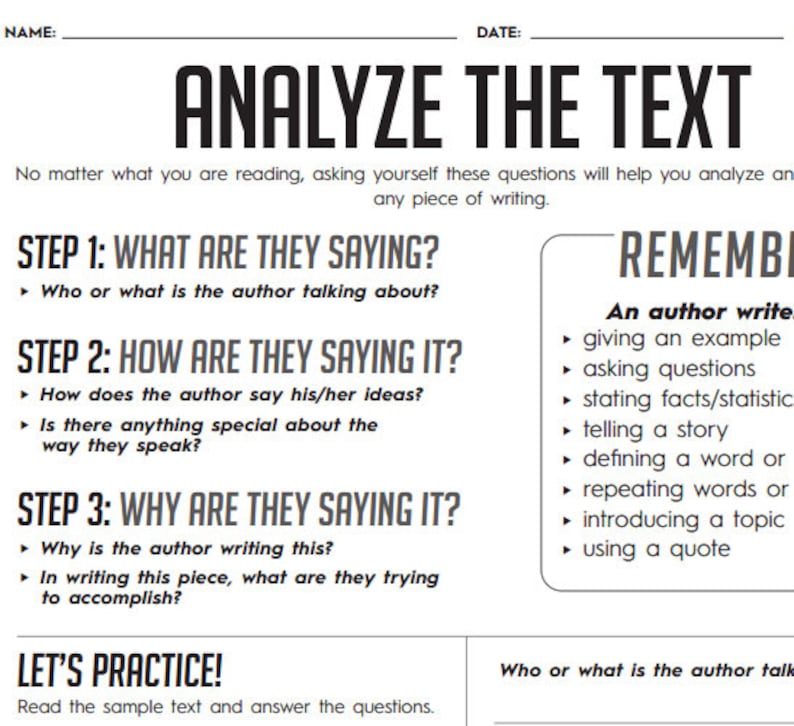 Text Analysis Worksheet - Etsy