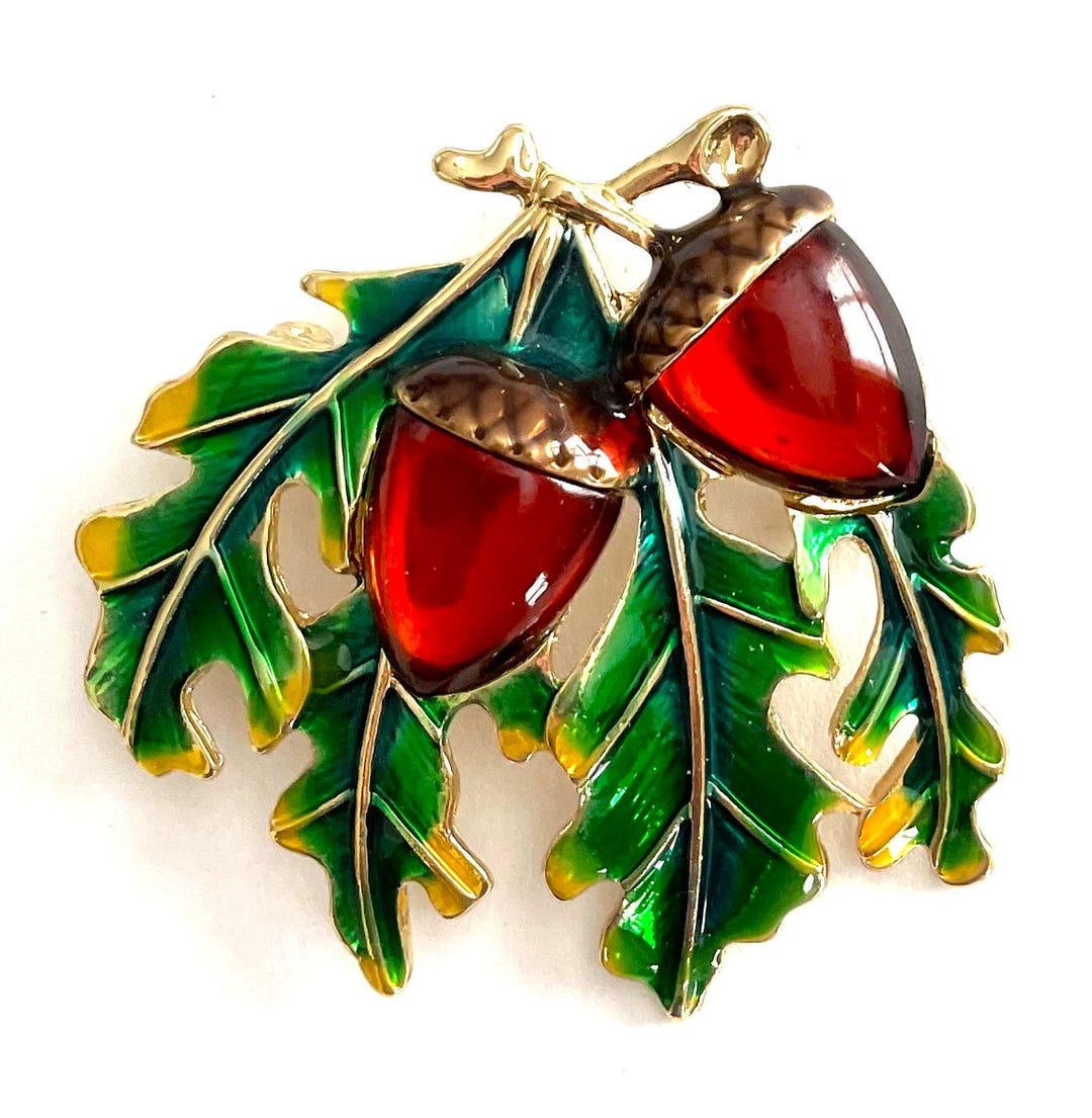 Large Gold Tone Green Enamel Oak Leaf ACORN Fall Autumn Thanksgiving ...