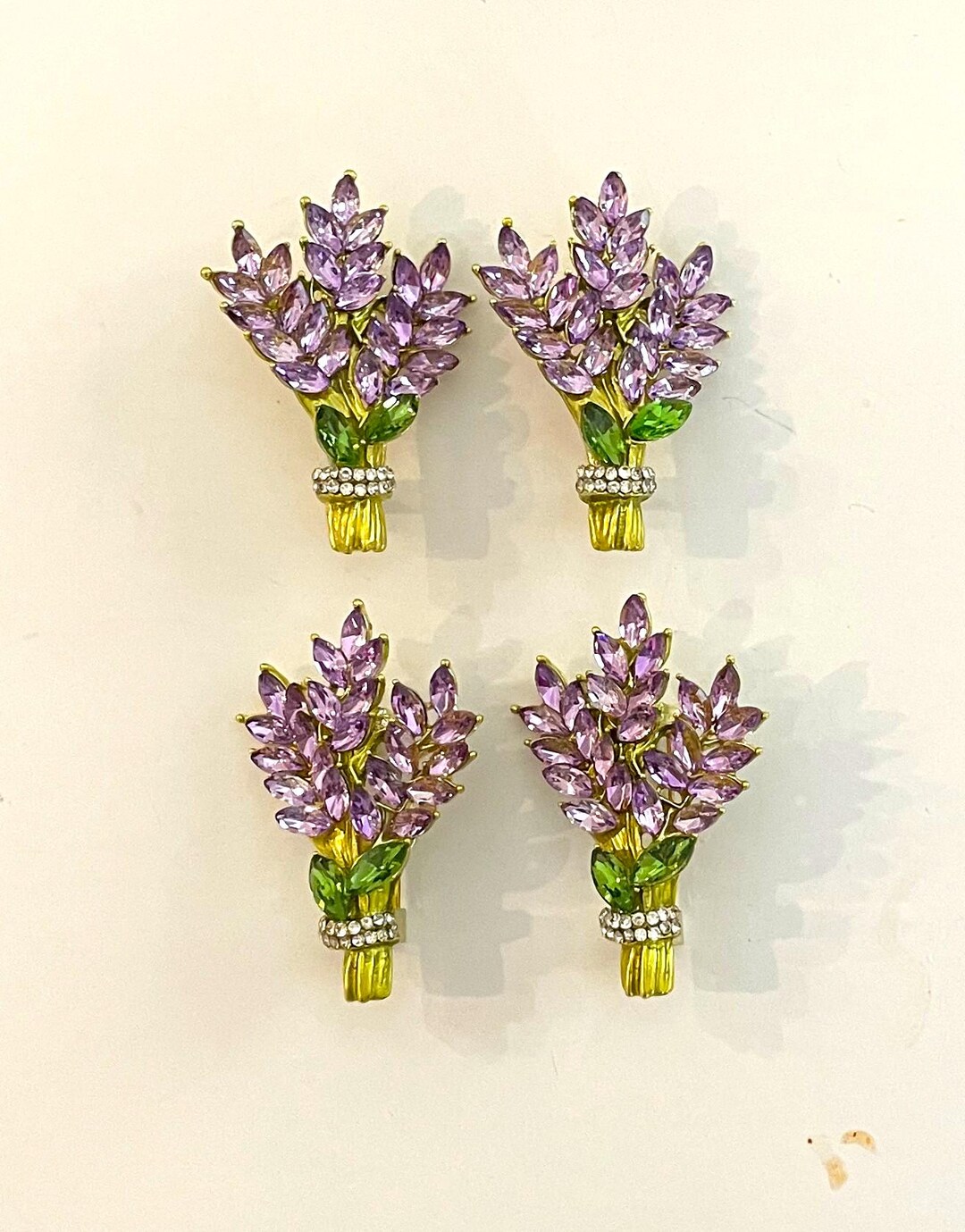 SET OF 4 Gold Tone Pave Crystal Enamel Lilac Hyacinth LAVENDER Bouquet ...