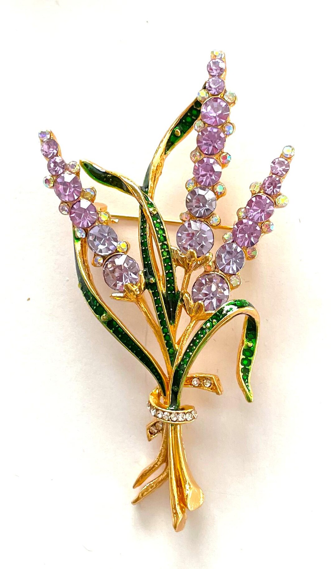Large 3" Gold Tone Pave Crystal Enamel Lilac Hyacinth Wisteria LAVENDER ...