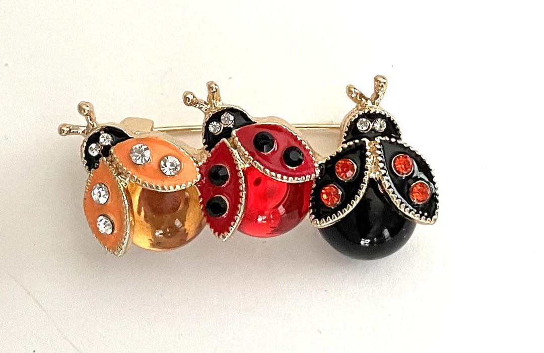 Gold Tone Fall Autumn Colors Pave Good Luck LADYBUG Trio Brooch Pin ...