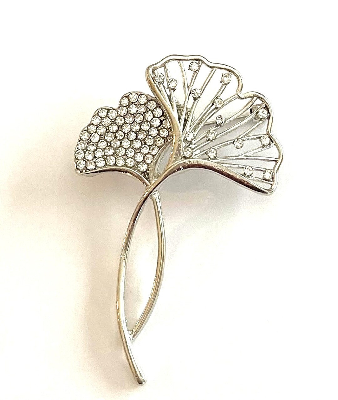 Art Deco Nouveau Style Silver Tone Pave Crystal Rhinestone GINKGO LEAF ...