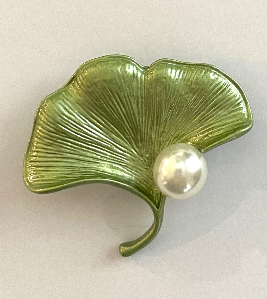 Art Deco Nouveau Style Green Enamel With Faux Pearl GINKGO LEAF Brooch Pin - Etsy