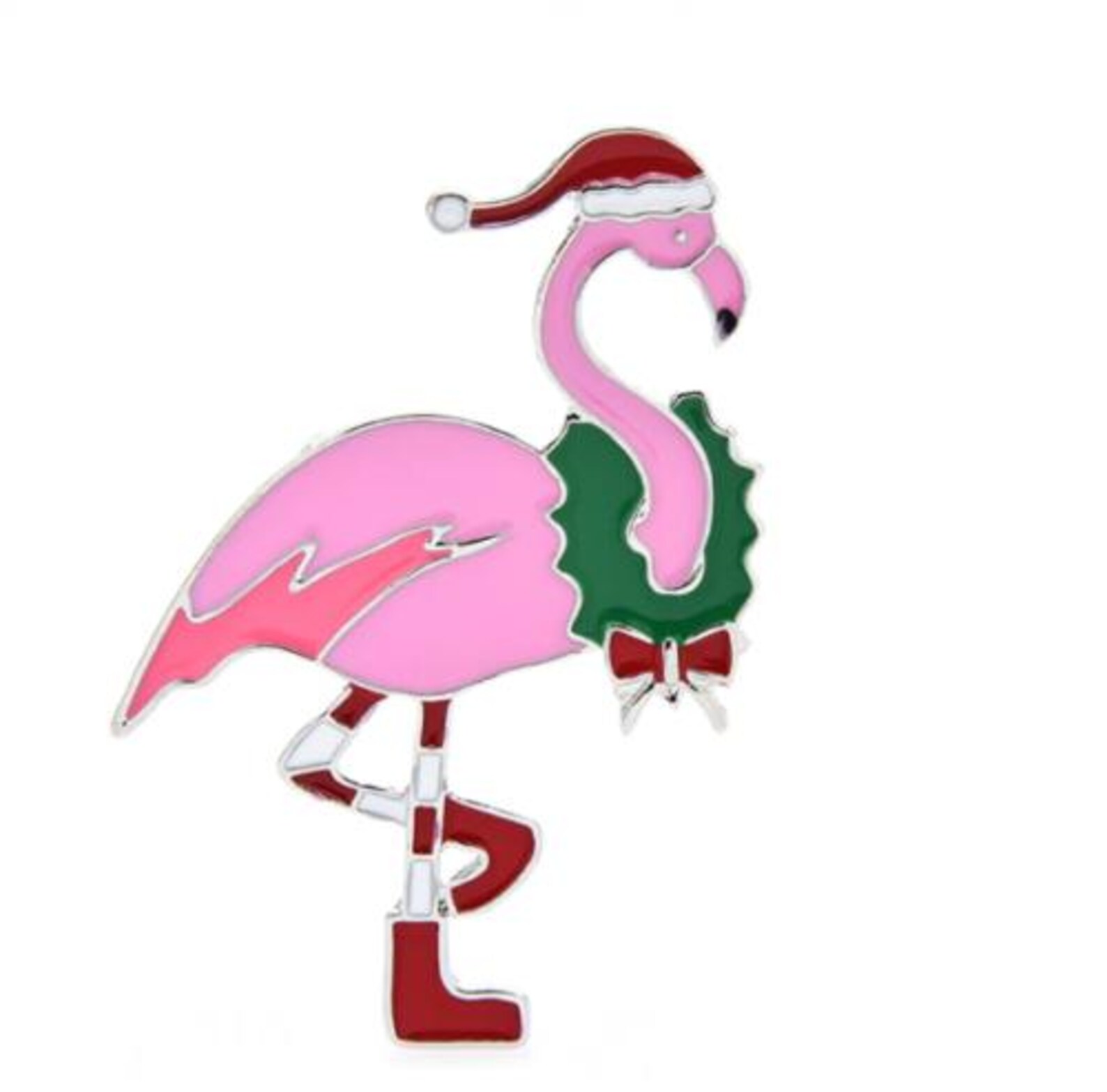 Silver Tone Pink FLAMINGO Santa Hat and Holly Wreath Christmas Brooch ...