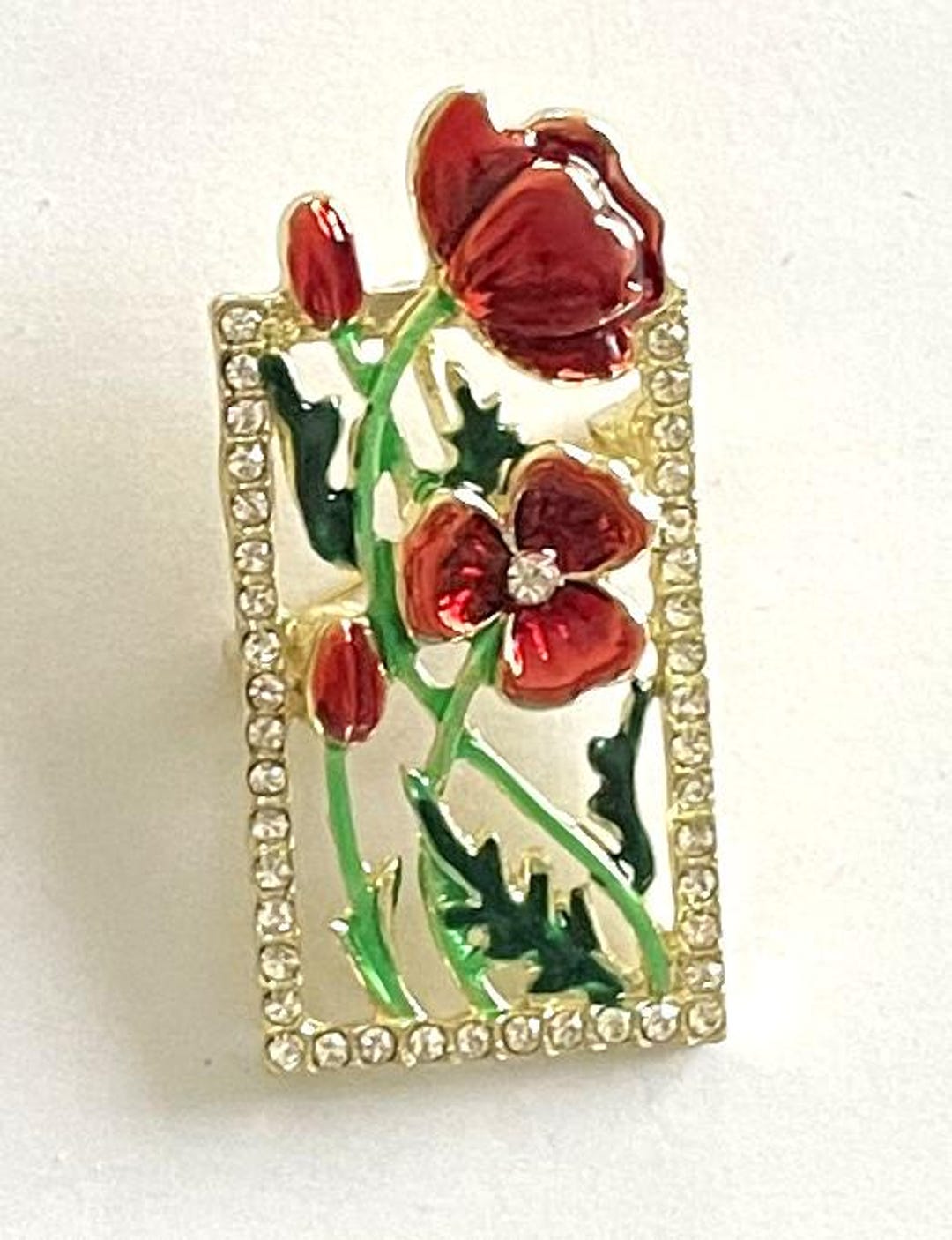 Retro Art Mission Style Pave Crystal Enamel California Orange POPPY ...