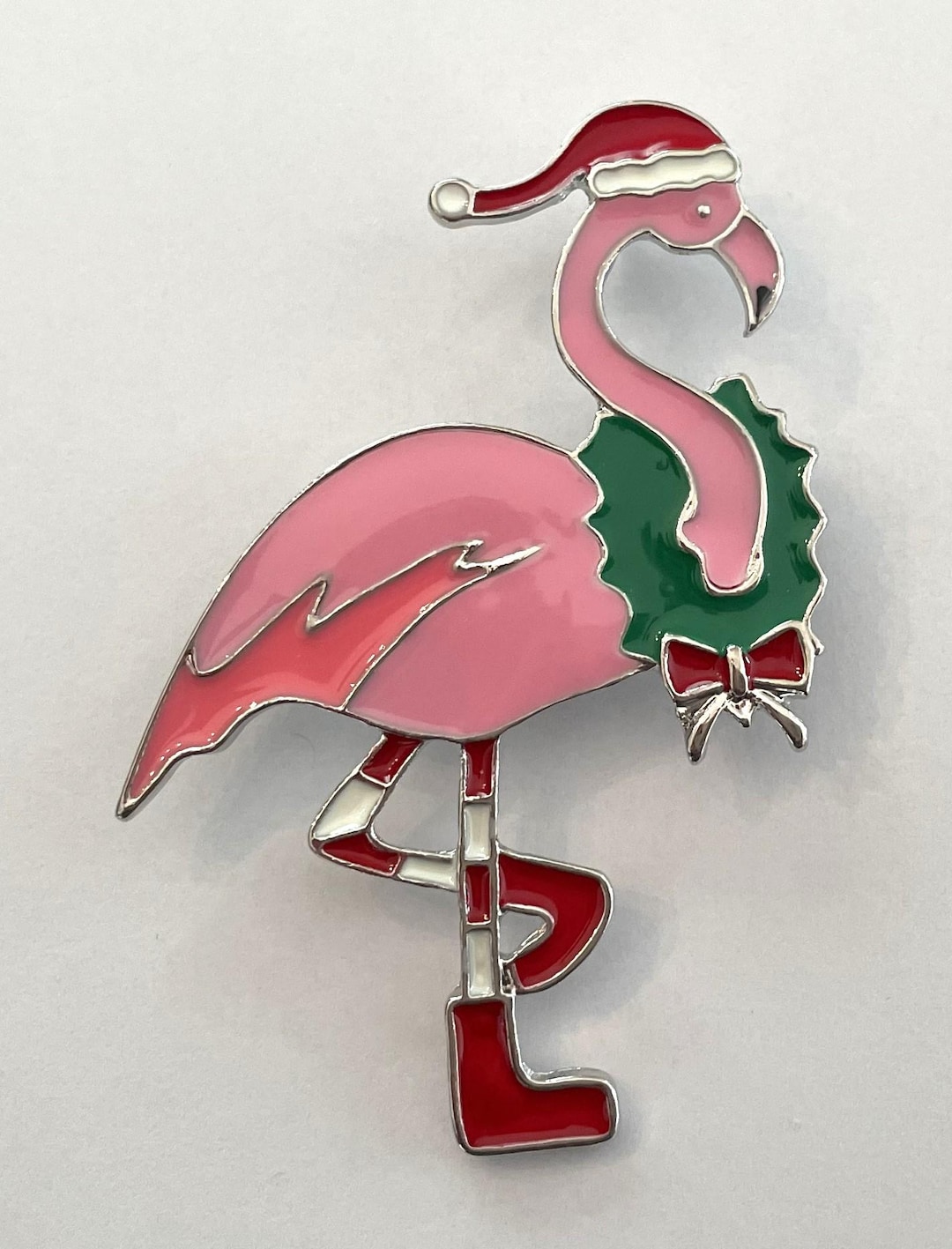 Silver Tone Pink FLAMINGO Santa Hat and Holly Wreath Christmas Brooch ...