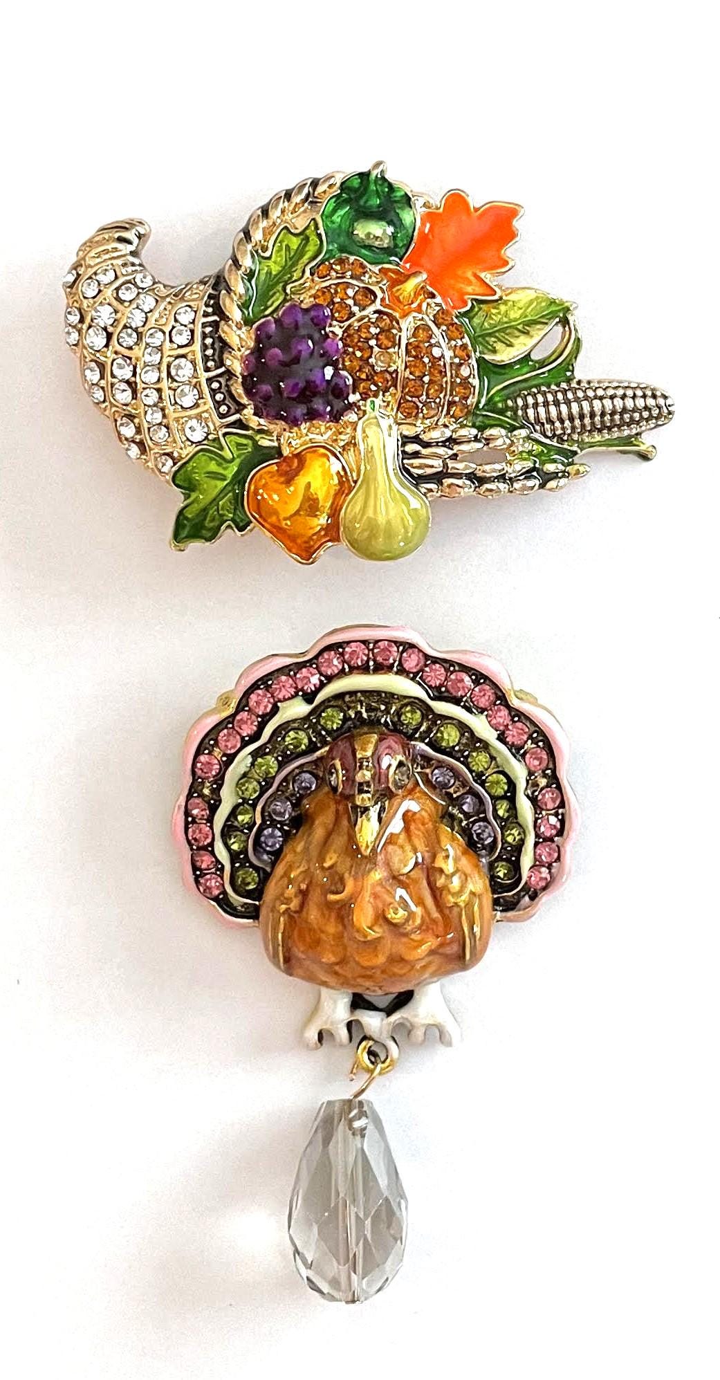Set of 2 Gold Tone Pave Crystal Fall Autumn Harvest Thanksgiving TURKEY ...