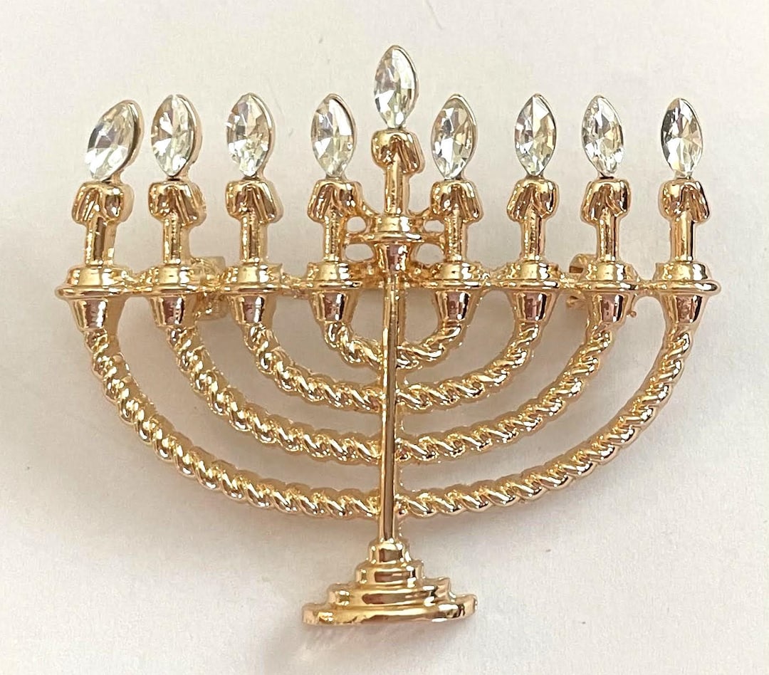 Large Statement Gold Tone Pave Crystal Jewish Chanukah Hanukkah Menorah Sweater Dress Backpack ...