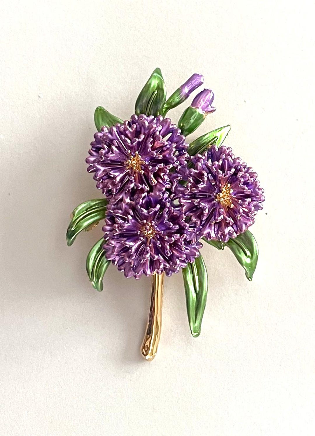 Gold Tone Hyacinth Aster Lilac Purple Green Enamel Faux Pearl Easter ...