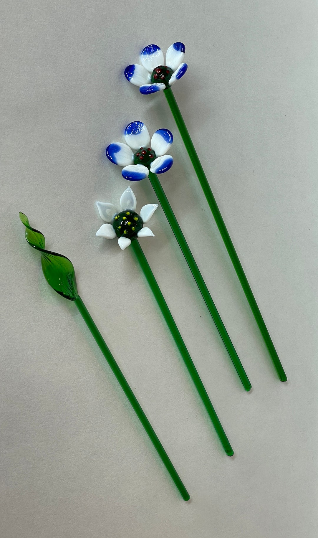 Vintage Hand Blown Glass Flower Bouquet Colorful Stained Glass Flowers Long Stem Murano Style