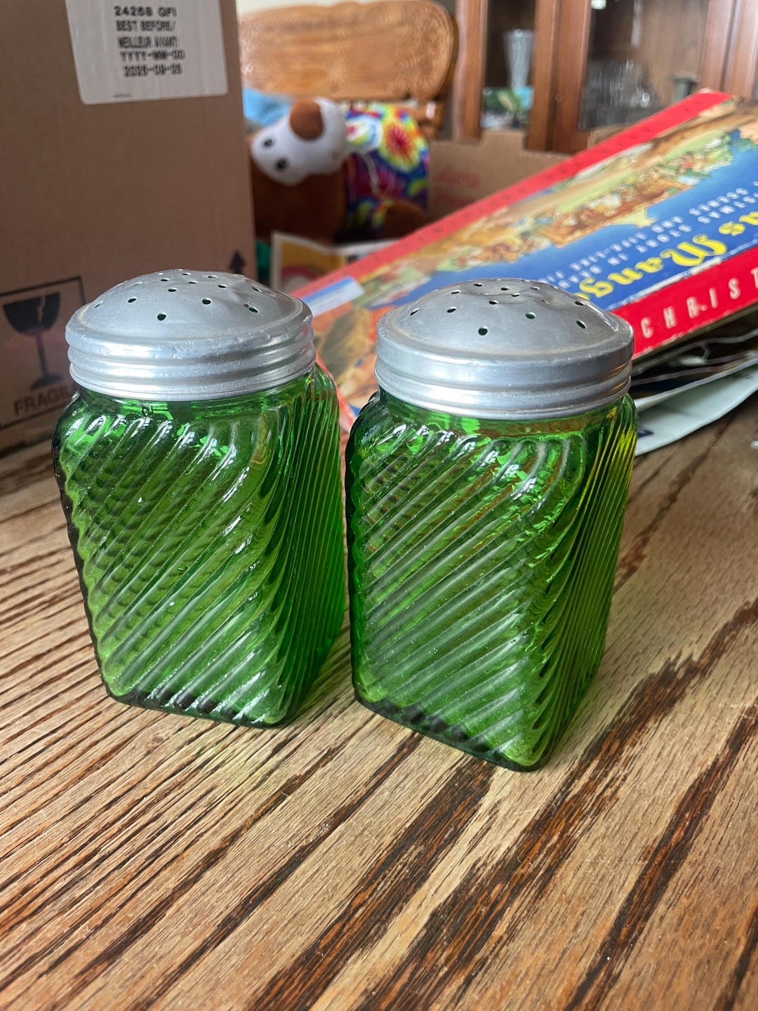 Vintage Forest Green Depression Glass Salt and Pepper Shakers, Ribbed ...