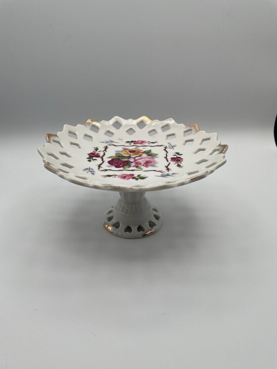 Vintage Porcelain Lattice Pedestal Bowl With Gold Trim ESD Japan ...