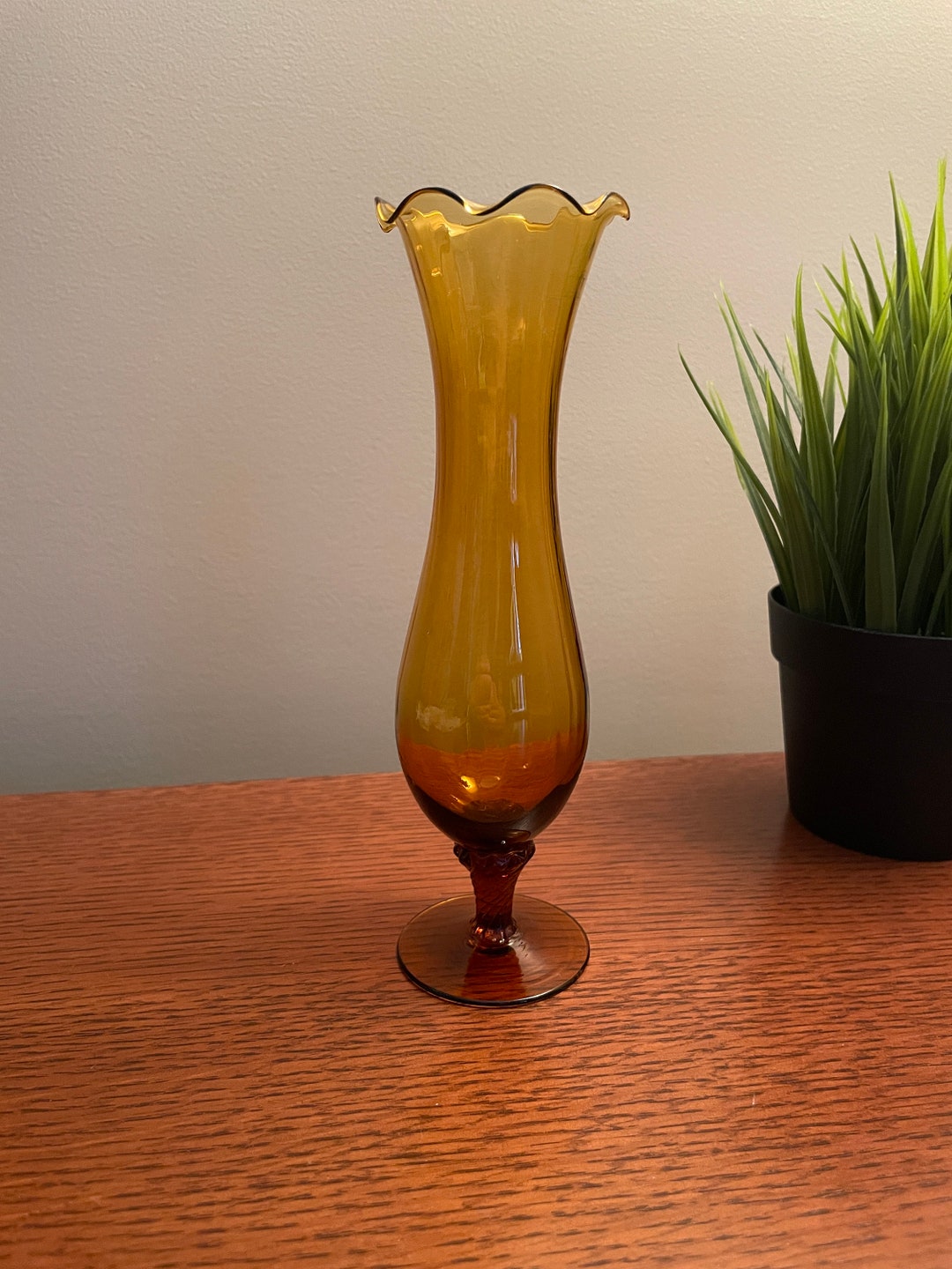 Vintage Fluted Amber Glass Bud Vase With Ruffled Top and Stemmed Base ...