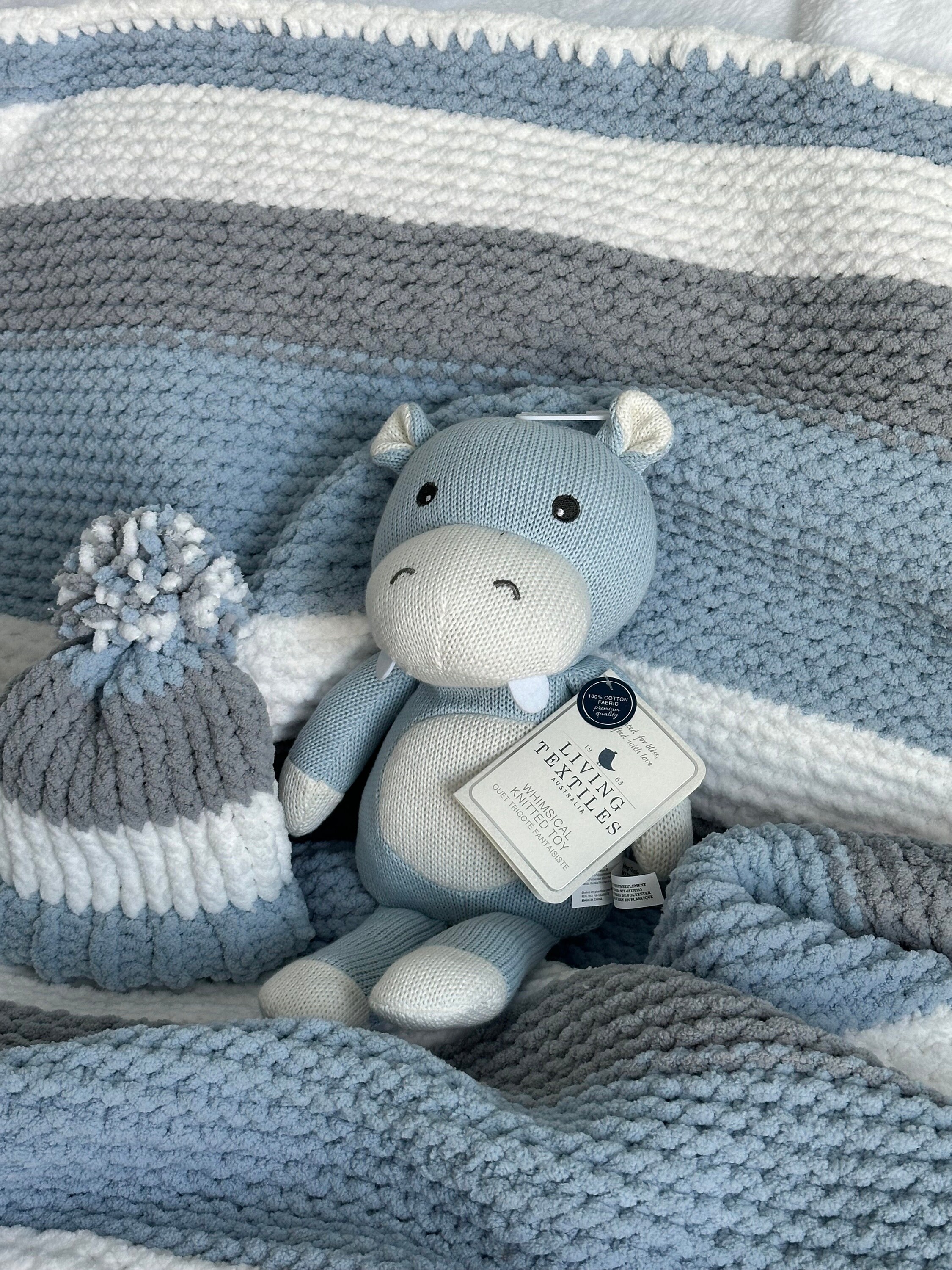 Handmade Blue Striped Baby Blanket, Optional Hat & Plush Animal. Large ...