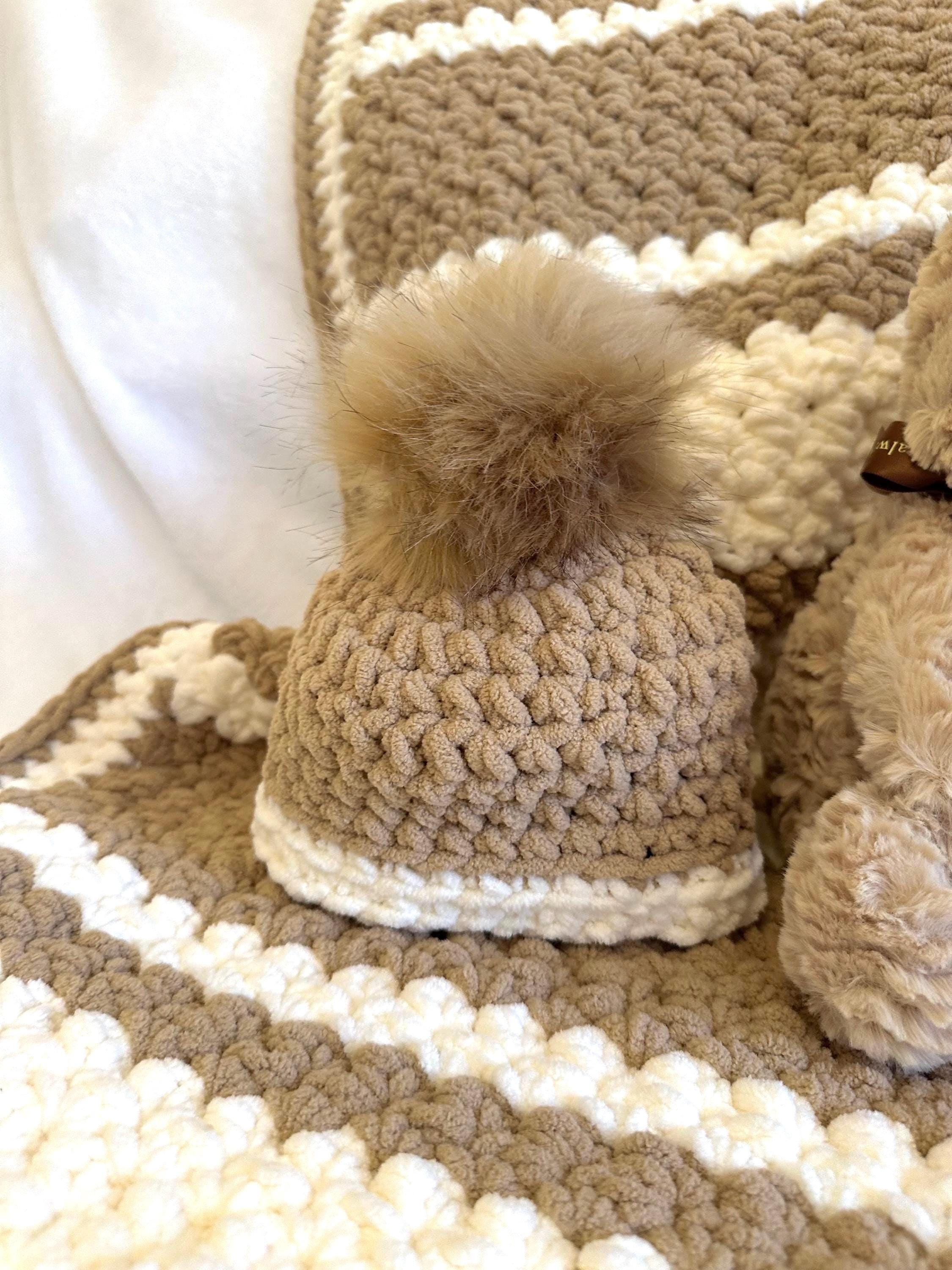 Neutral Handmade Large Crochet Baby Blanket Opt. Hat & Pooh Plush ...