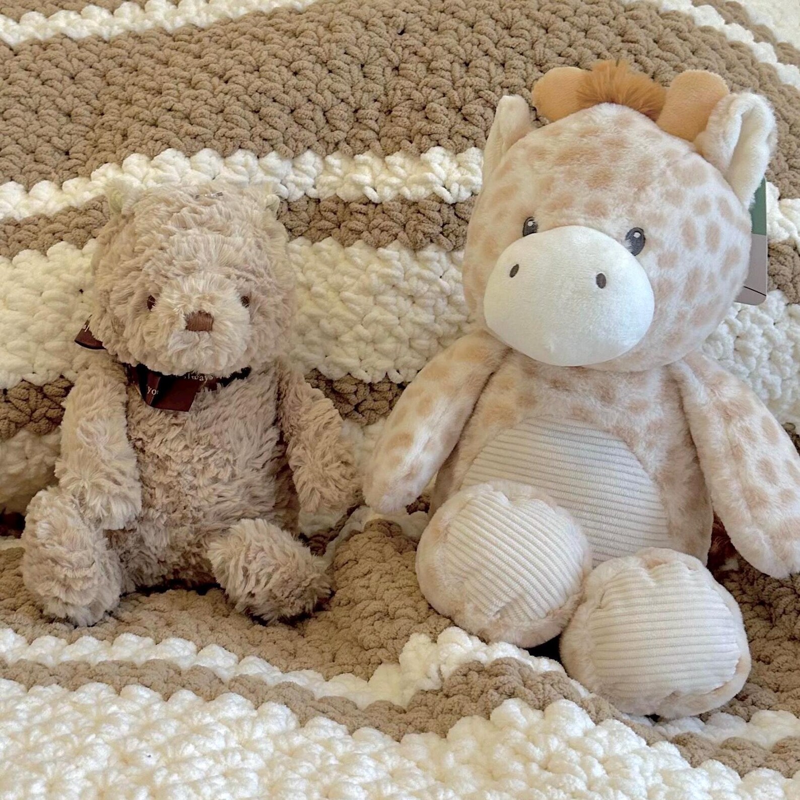 Neutral Handmade Large Crochet Baby Blanket Opt. Hat & Pooh Plush ...