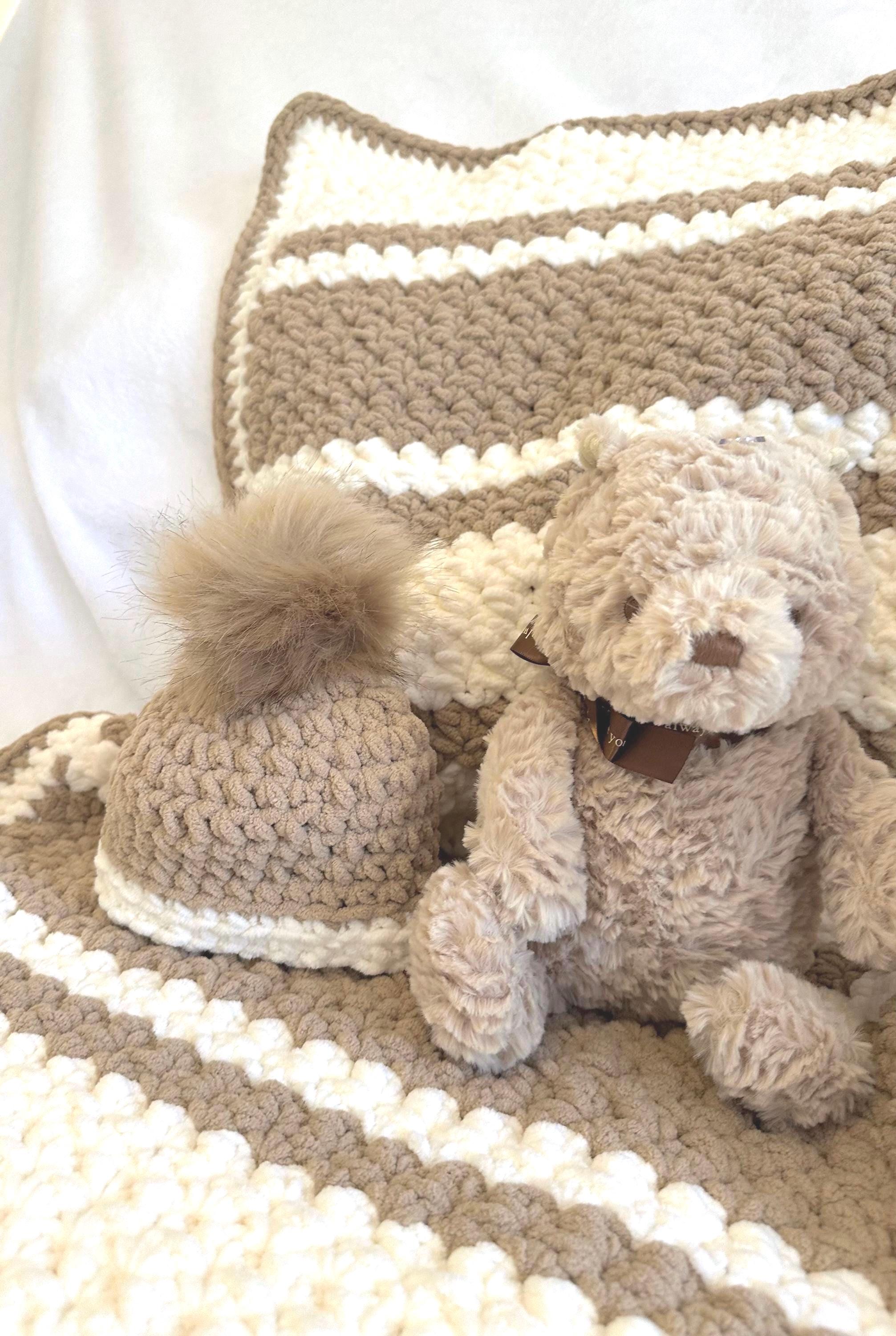 Neutral Handmade Large Crochet Baby Blanket Opt. Hat & Pooh Plush ...