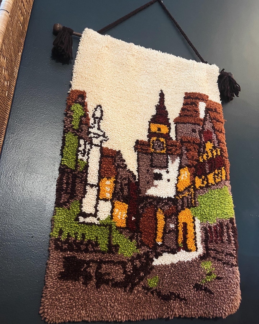 Vintage 70’s Village Latch Hook Hanging Wall Rug - Etsy