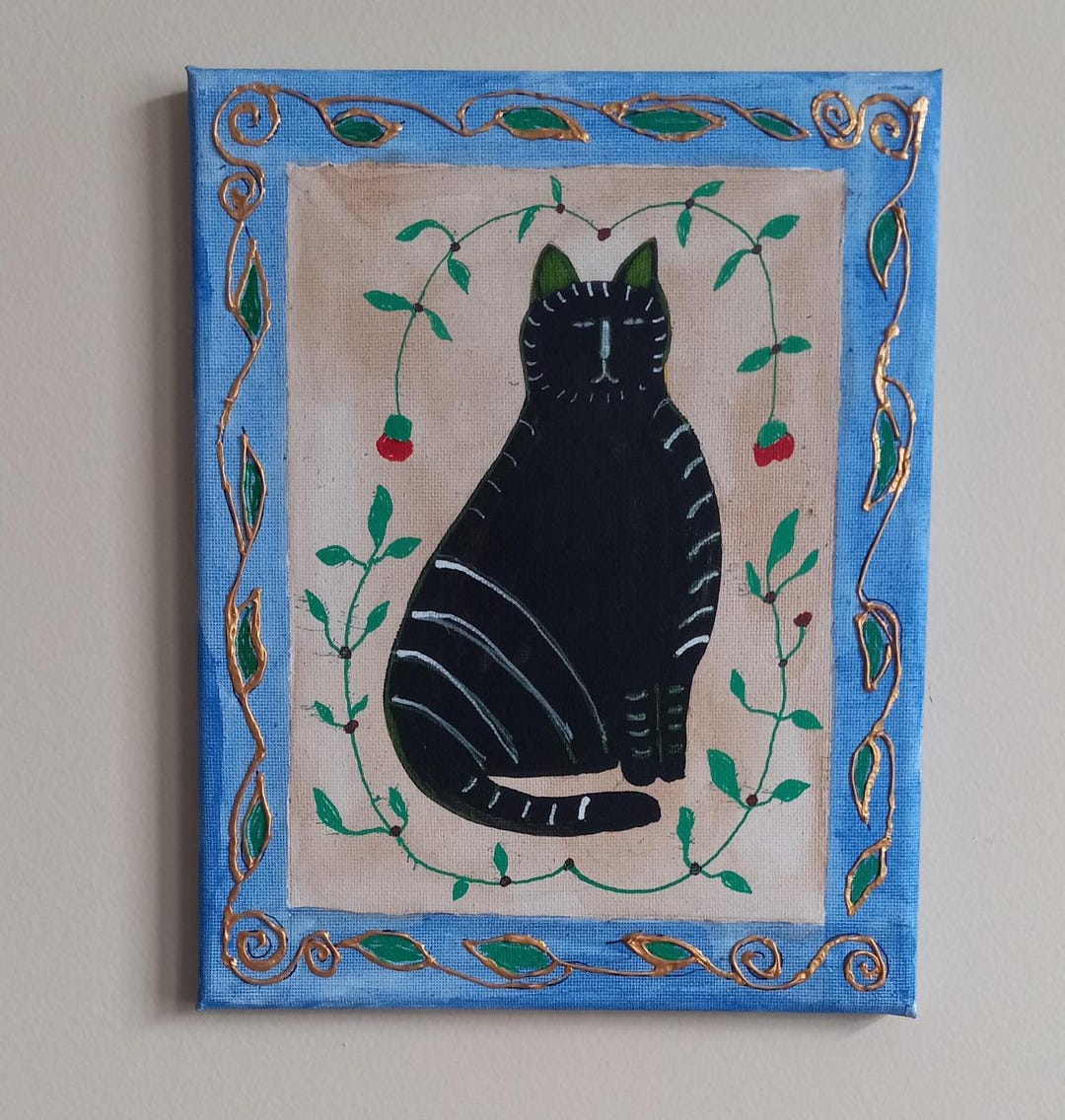 Handpainted Folk Art Painting...."folk Cat" - Etsy