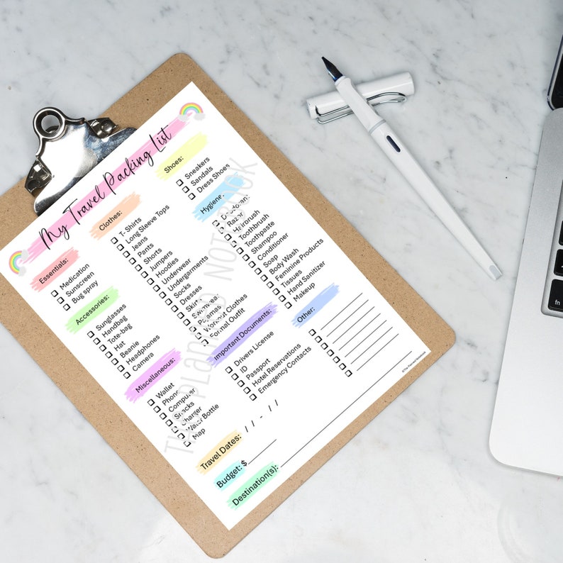 Printable Travel Packing List, Rainbow Travel Packing List, Packing ...