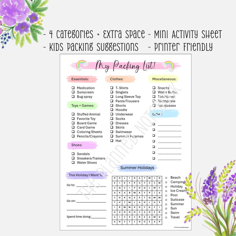 Printable Kids Summer Packing List, Kids Travel Packing List, Kids ...