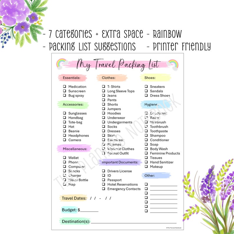 Printable Travel Packing List, Rainbow Travel Packing List, Packing ...
