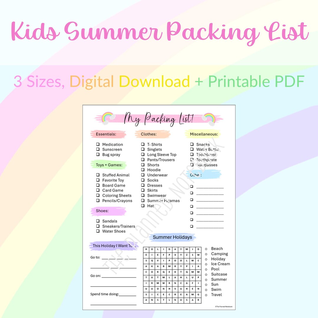 Printable Kids Summer Packing List, Kids Travel Packing List, Kids ...