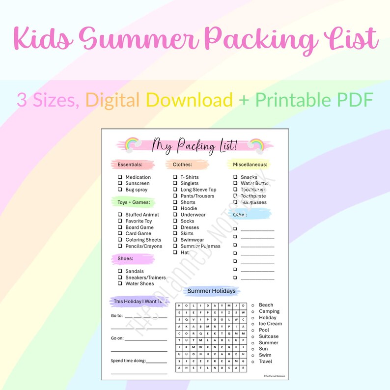 Printable Kids Summer Packing List, Kids Travel Packing List, Kids ...